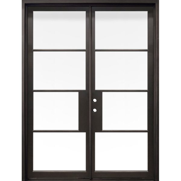 74" x 97" Modern 4-Lite Thin Bar Frosted Glass Iron Prehung Double Door ...