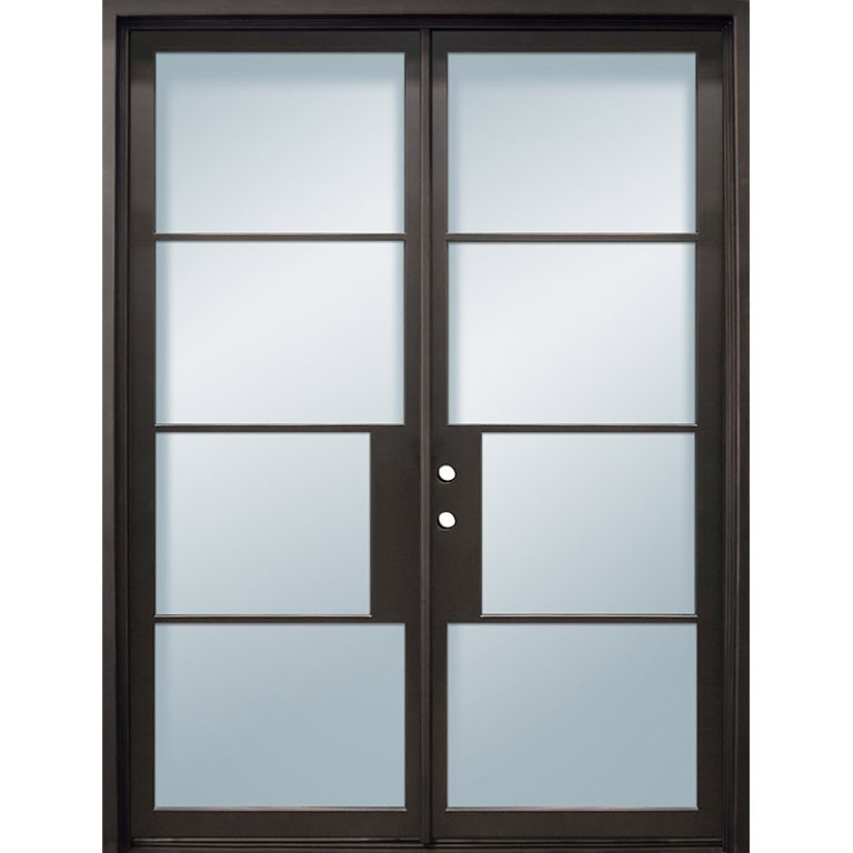 74" x 97" Modern 4-Lite Thin Bar Frosted Glass Iron Prehung Double Door ...